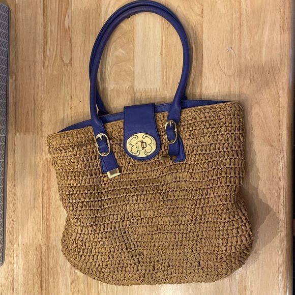 Emma Fox | Bags | Emma Foxgraham Straw Blue Leather Slouch Tote | Poshmark